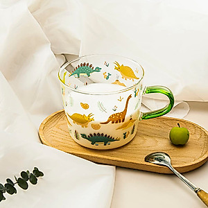 Sizikato Borosilicate Glass Breakfast Cup with Handle, 15 Oz Cereal Bowl Milk Mug, Dinosaur and Plant Pattern