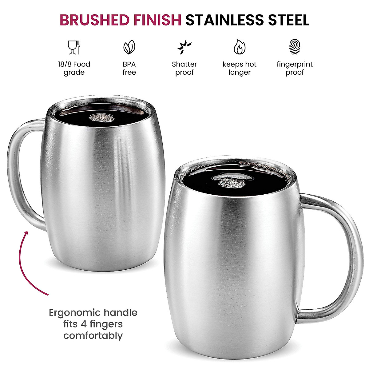 FineDine Insulated Stainless-Steel Coffee Mug with Lid and Handle (2 Pk) 14 oz - BPA-Free Spillproof Lid, Double-Wall Camping Travel Coffee Mugs, White/Black