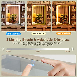 usikey Farmhouse Makeup Vanity Desk with Mirror and Lights, Glass Tabletop Makeup Vanity with Adjustable Shelves, Vanity Table Set with 2 Drawers and Side Cabinet for Bedroom, Maple