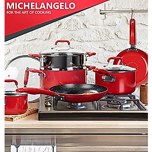 MICHELANGELO Pots and Pans Set Nonstick, 15 Pcs Kitchen Cookware Sets with Porcelain Enamel Exterior and Nonstick Granite-derived Coating, Enamel Cookware Set with 5 Utensils - Red