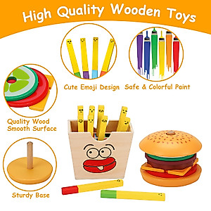 Montessori Toys for 2 3 4 5 Year Old, Wooden Burger Stacking Toys and French Fries Matching Games, Educational Fine Motor Toys for Toddlers Preschool Learning Pretend Play Food for Kid Boy Girl Gift