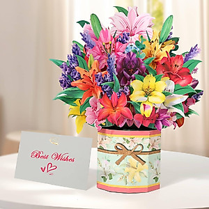 Paper Flower Pop Up Cards, Lilies Flower Bouquet Card Popup 3D Greeting Cards for Mother's Day, Graduation, Anniversary, Birthday, Congratulations, Get Well, Home Decor, with Envelope and Note