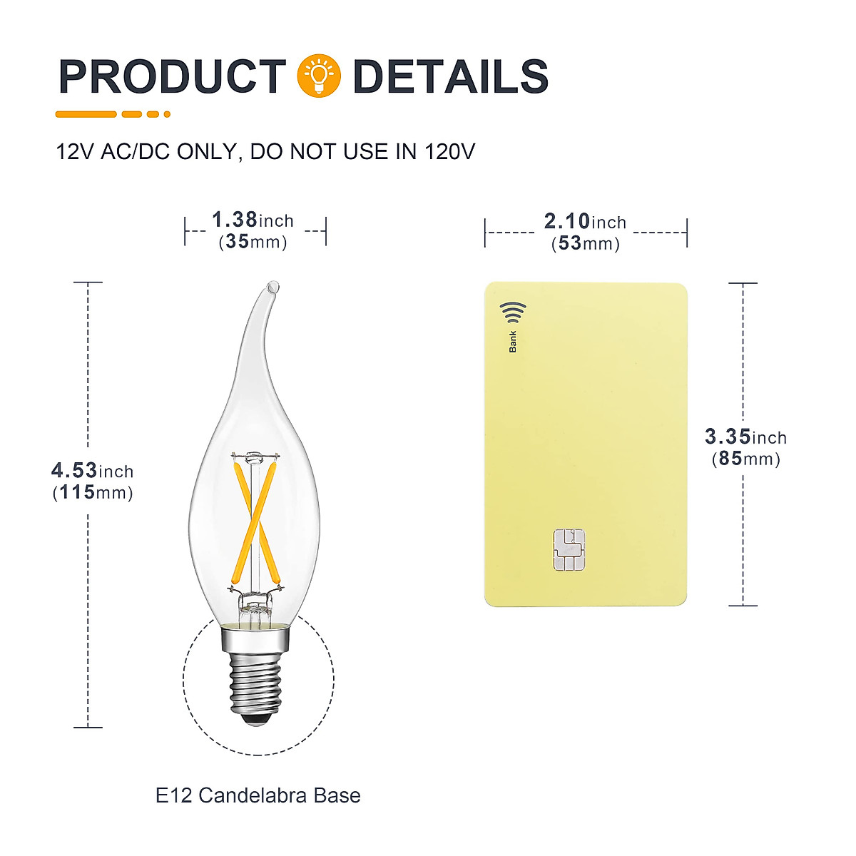 12V E12 LED Candelabra Light Bulbs - Soft Warm 2700K 2W (Only for 12 Volt DC/AC)- Small Candle Base - 25W Equivalent Low Voltage Flame Tip LED Bulb for RV, Backyard Shed - 4 Pack