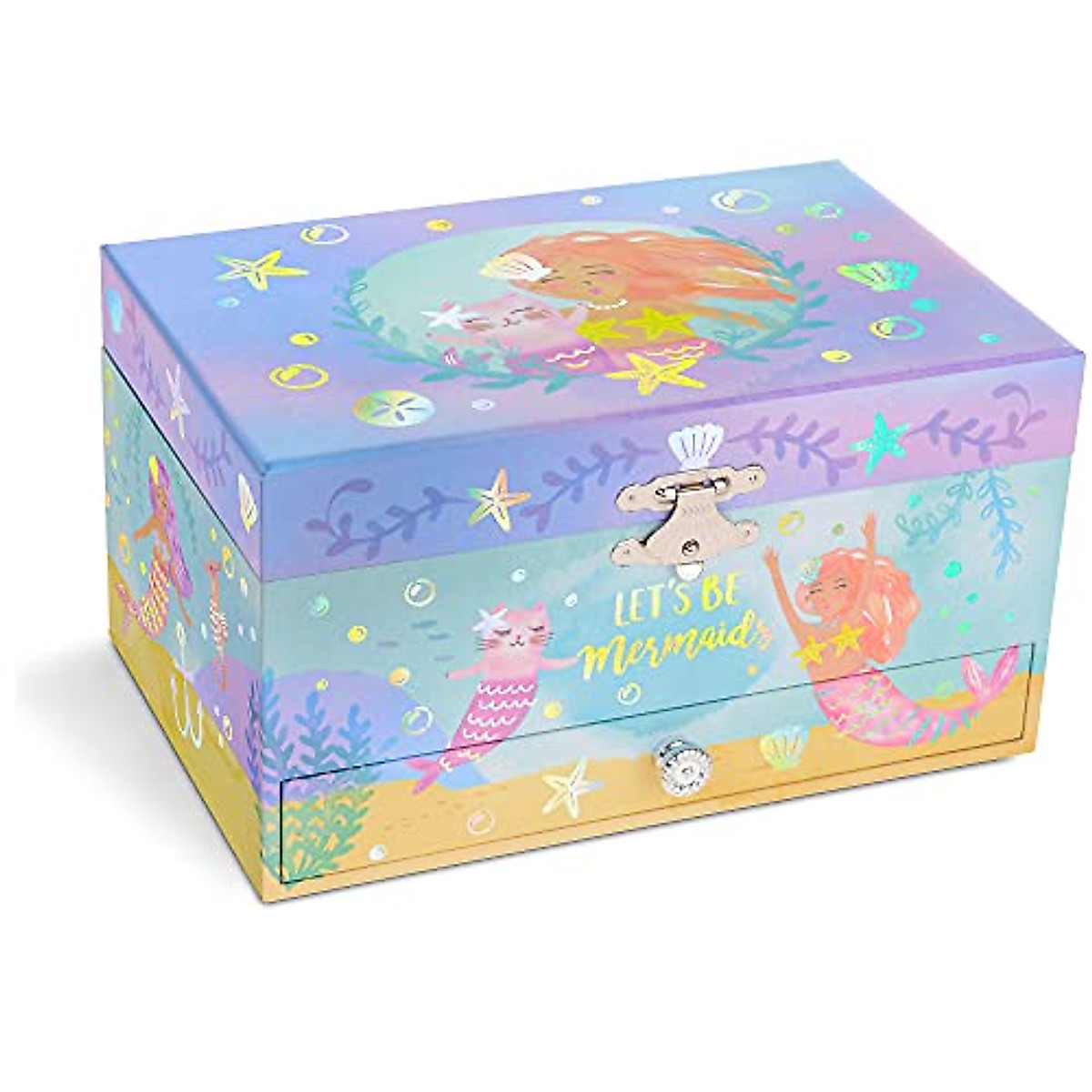Jewelkeeper Girl's Mermaid Musical Jewelry Storage Box Pullout Drawer, Rainbow Design with Gold Foil, Over the Waves Tune
