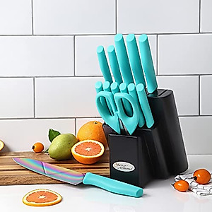 DISHWASHER SAFE Knife Set, Marco Almond®14PC Rainbow Titanium Kitchen Knife Set, KYA27 Knives sets for Kitchen with Block, Teal