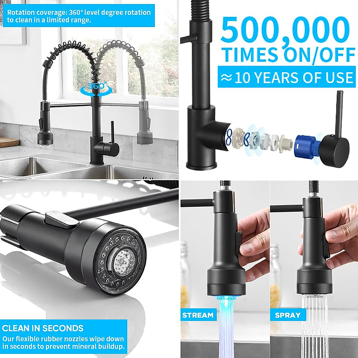 Black Kitchen Faucet with Pull Down Sprayer, WOTOKOL Solid Brass Kitchen Faucets Sprayer Spring Single Handle Commercial Kitchen Sink Faucet with LED Light