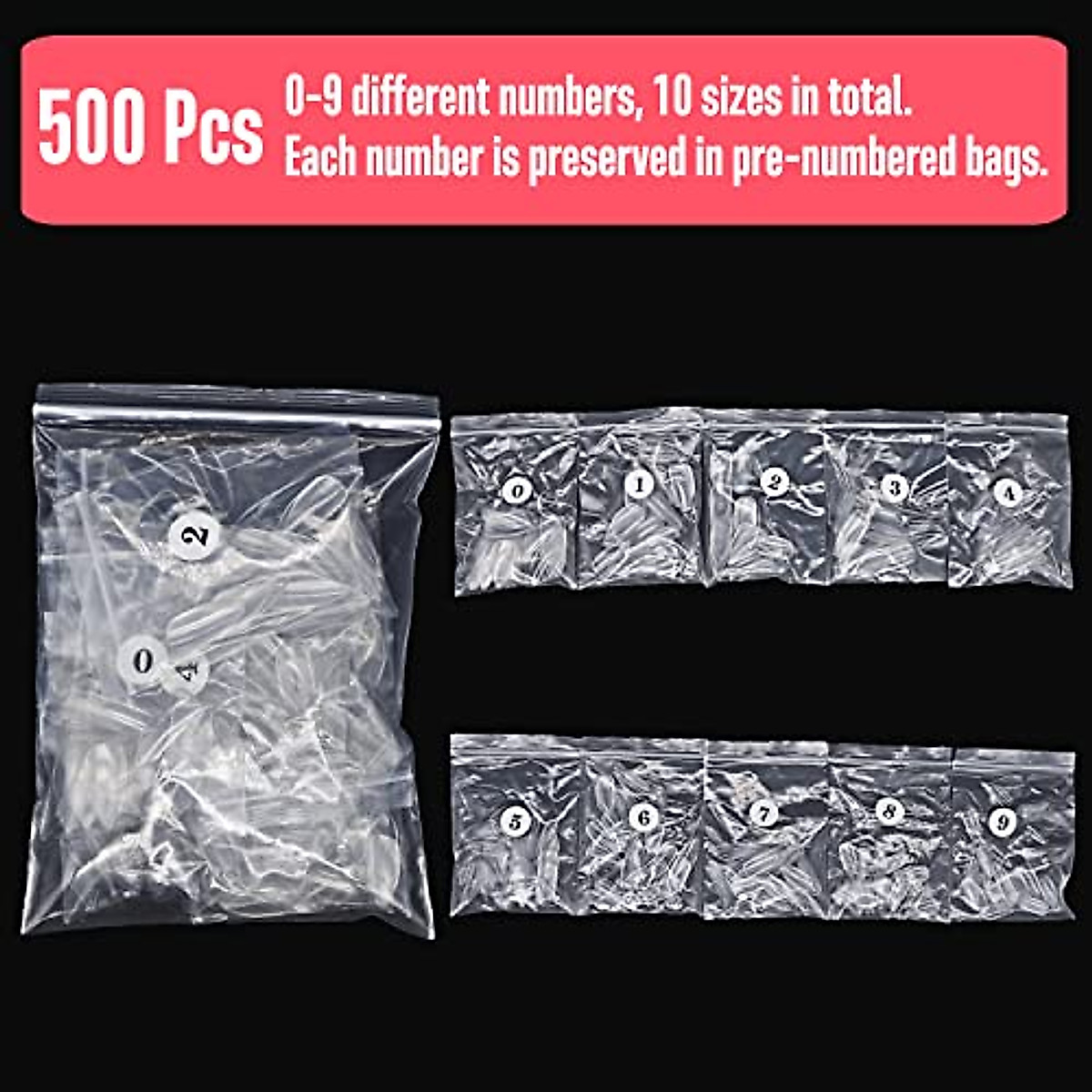 NOVO OVO 500 pcs Short Stiletto Full Cover French Manicure Nail Tips, Extra Sharp Arrow Head Mountain Peak Edge Pointy Eagle Cat Claw Fishbone Clear False Fake Nails Extension for Acrylic 10 Sizes