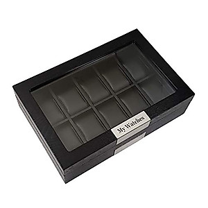 TIMELYBUYS 10 Piece Personalized Black Wood Watch Display Case Storage Organizer Box with Stainless Steel Accents