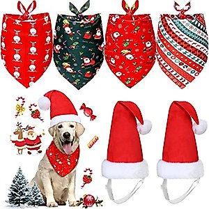 Christmas Dog Bandanas Hat Set 4 Pieces Christmas Dog Bandana Adjustable Pet Triangle Scarf and 2 Pieces Pet Santa Hat Dog Christmas Hat for Pets Dogs Cats Christmas Costumes (Santa Patterns, Large)