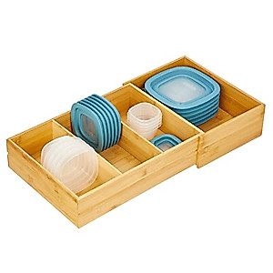 mDesign Bamboo Wood Expandable Deep Kitchen Drawer Organizer Tray Bin for Kitchen; Organize Drawers, Counters, Shelves; Holds Plasticware, Lids, Towels, Utensils; Home Sort Collection - Natural