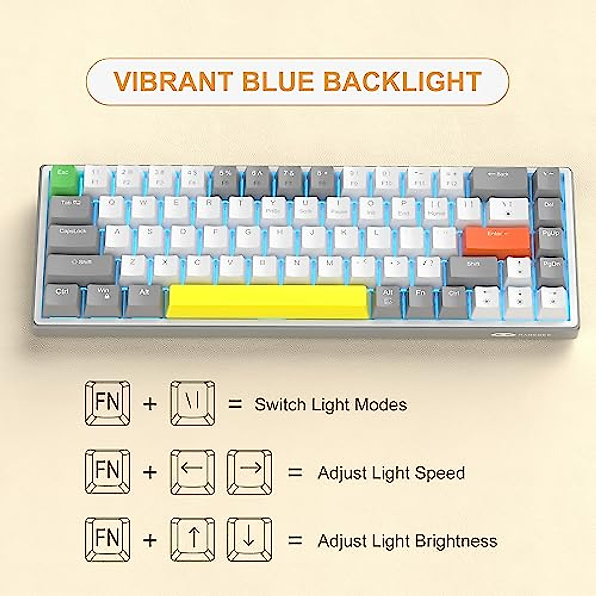 MageGee 60% Mechanical Gaming Keyboard, 68 Keys Hot-Swappable Compact Blue LED Backlit Gaming Keyboard, SKY68 Wired Ergonomic Mini Office Keyboard for Windows PC Gamer (Red Switch, Gray & White)