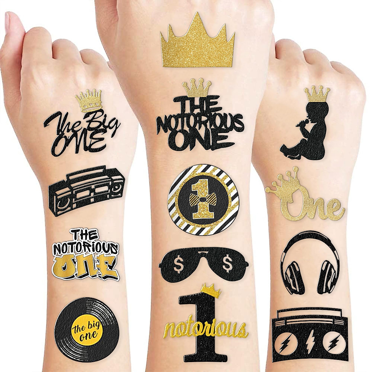 Notorious One Temporary Tattoos Big One Party Decorations Favors Supplies Hip hop Themed Cute Stickers 10 Sheets 100 PCS Gifts for Baby Girls Boys Class School Carnival