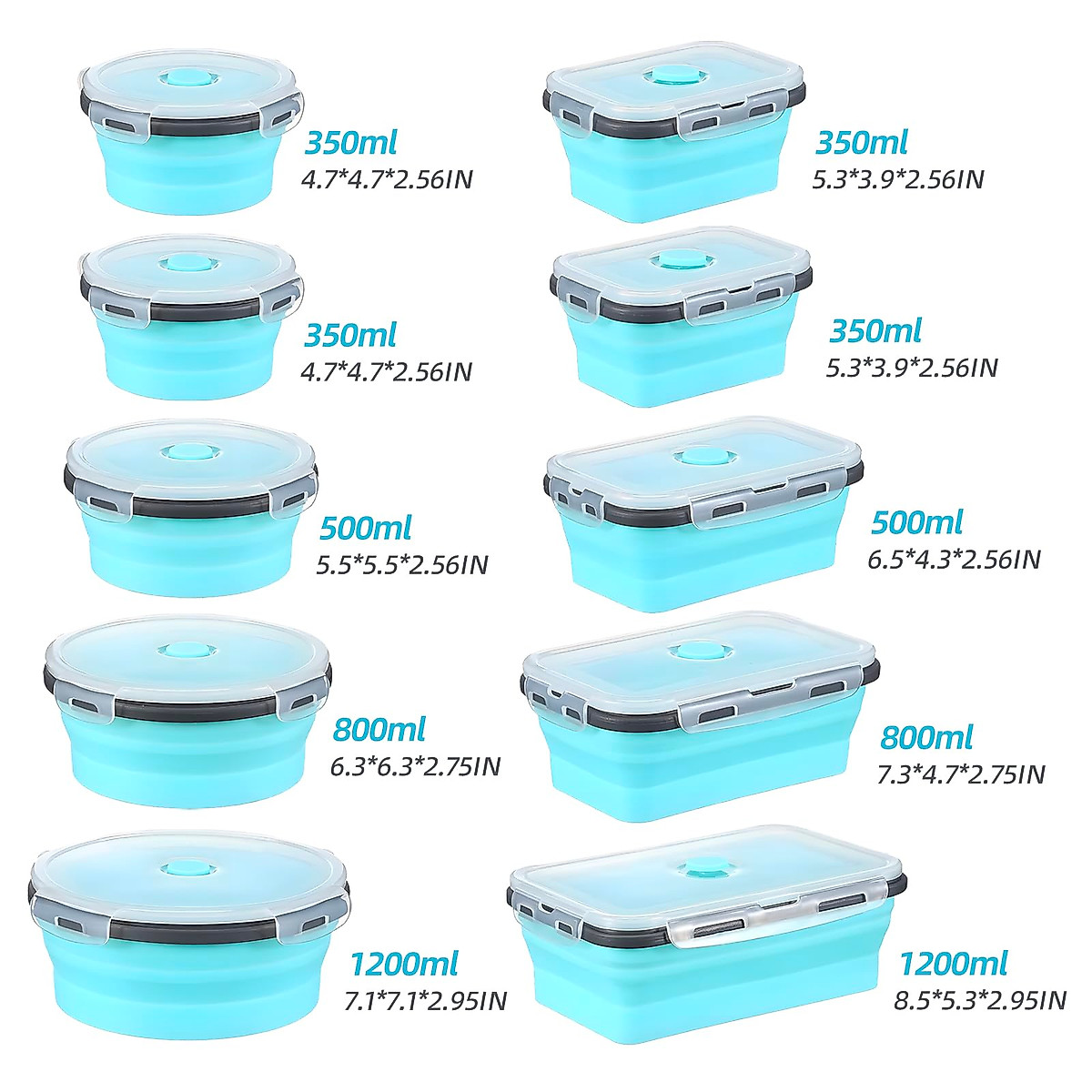 GEMLORD 10 Pieces Collapsible Food Storage Containers Foldable Silicone Lunch Containers with Airtight Lids, 5 Pcs Rectangle and 5 Pcs Round Food Bowls for Kitchen Microwave Freezer Dishwasher Safe