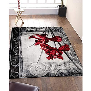 HT Design Rectangular Area Rug for Living Room, Floral Black and Red 7x10 Modern Rugs, Easy to Clean, Pet Friendly Indoor Carpet for Living Room