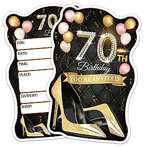 ERHACHAIJIA 20 PCS Pink Balloons & Black Golden High Heels Shaped Fill-In Invitations Cards With Envelopes, Funny 70th Birthday Party Happy 70 Year Old Birthday Invites For Women Lady Wife Mom Adults