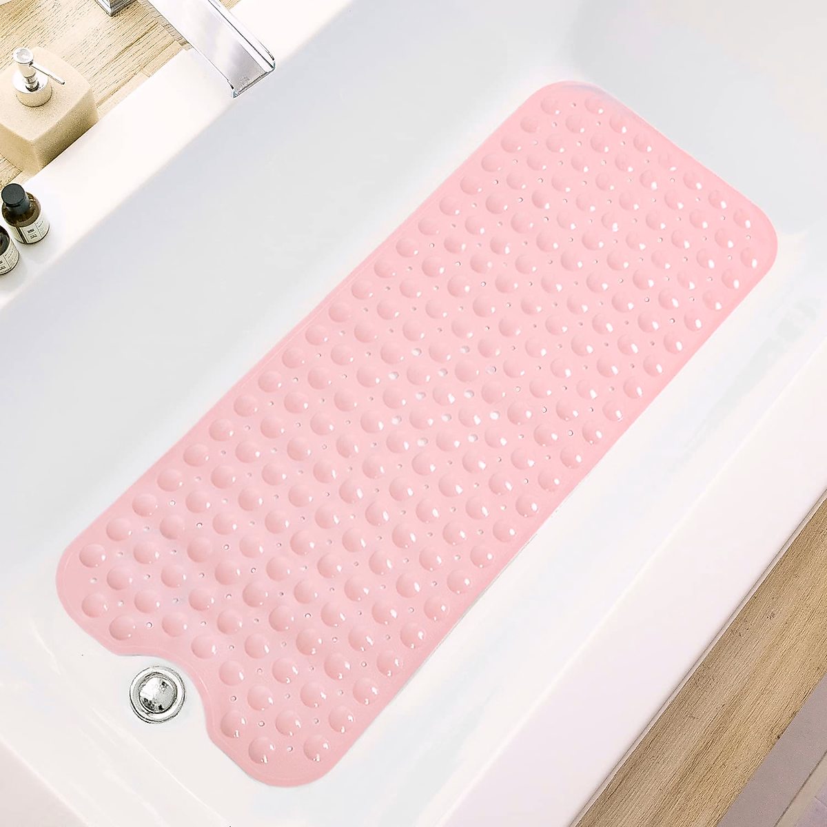 TEESHLY Bath Tub and Shower Mats, Non-Slip 39 x 16 Inch Extra Long Bathtub Mat, Machine Washable BathMat with Drain Holes, Suction Cups for Bathroom (Opaque Pink)