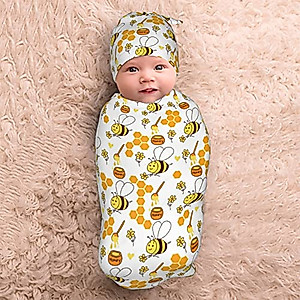 Honey Bee Baby Stuff Swaddle Blanket Hat Set,Soft and Stretchy Infant Receiving Blanket for Newborn, Swaddle Sack Wrap for Boy/Girl