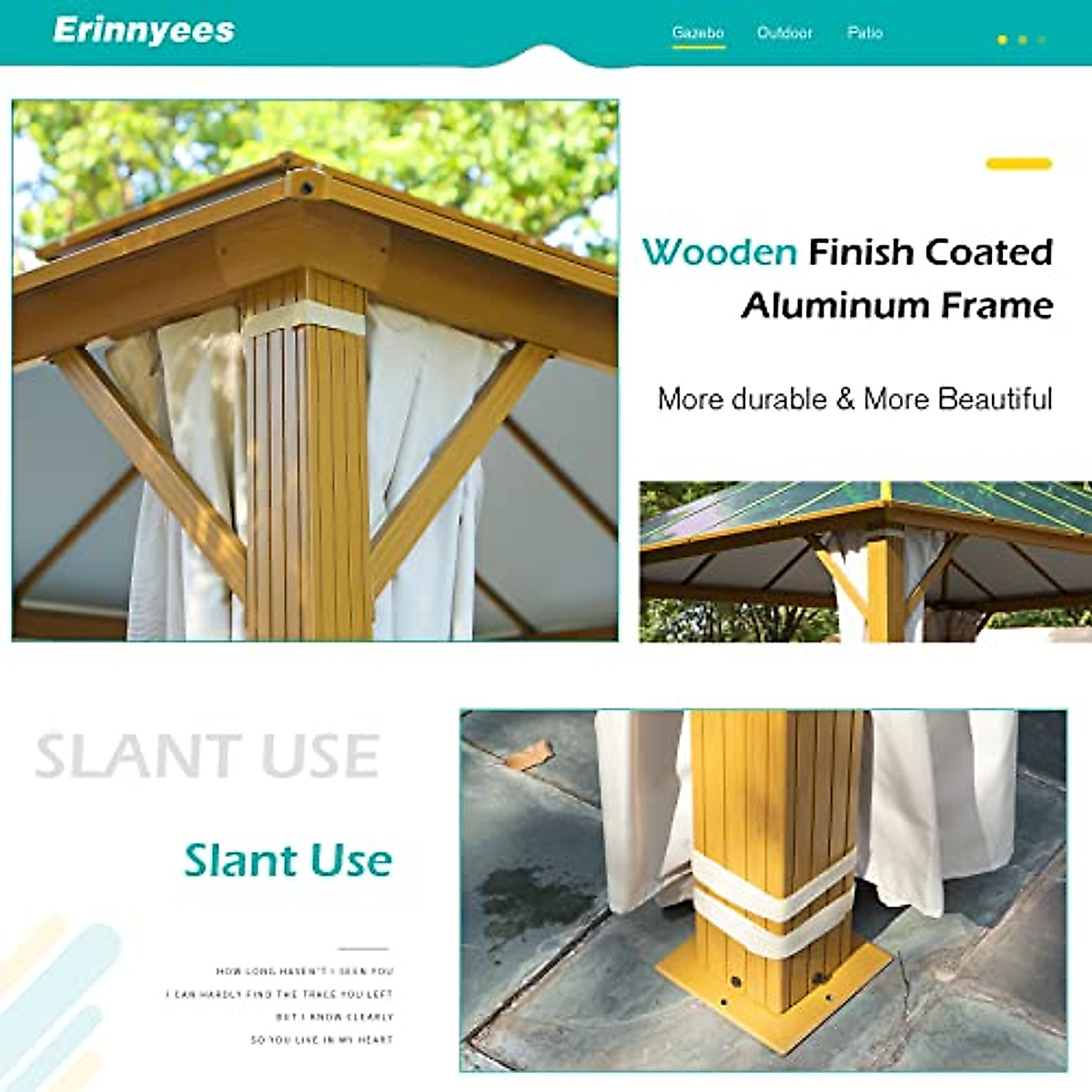 Erinnyees 12' x 16' Wood Grain Hardtop Gazebo, Outdoor Aluminum Composite Double Roof with Privacy Curtain and Mosquito Net for Patio, Lawn, Garden, Deck(Wood Looking, Wine Red)