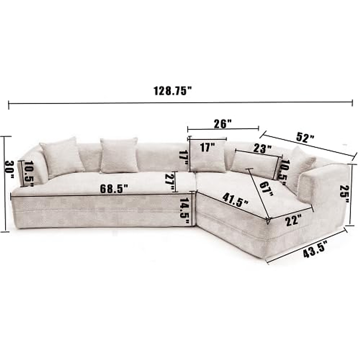 Tosaronia 125'' Comfy 4 Seat Curved Sofa, Modern Modular L Shape Sectional Couches with Boucle Fabric, Cloud Couch with Chaise Lounge for Living Room Apartment(White)