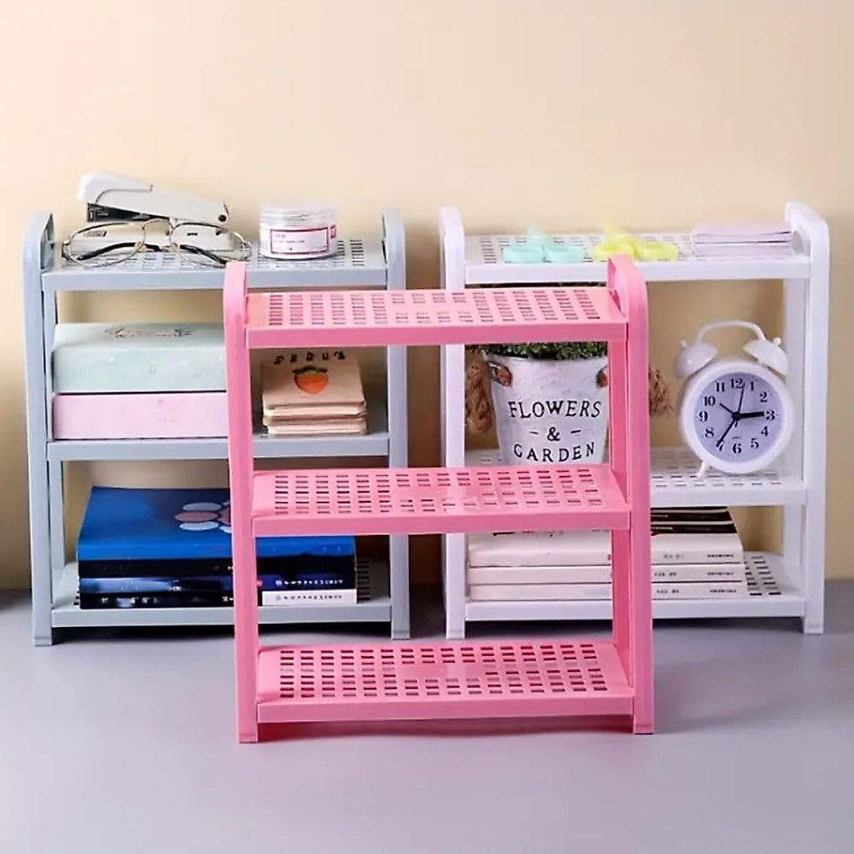 1PCS Three-Layer Storage Rack,Multifunctional Storage Rack Hollow Shelf Rack Adjustable Sundries Organizer for Kitchen Office(Pink)