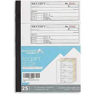 Blue Summit Supplies Triplicate Receipt Book, 100 per Book, 500 Total, 5 Pack, 3 Part Carbonless Payment Receipt Books for Money, Rent, or Cash with White/Yellow/Pink Copies, 11 x 7.5 inch,