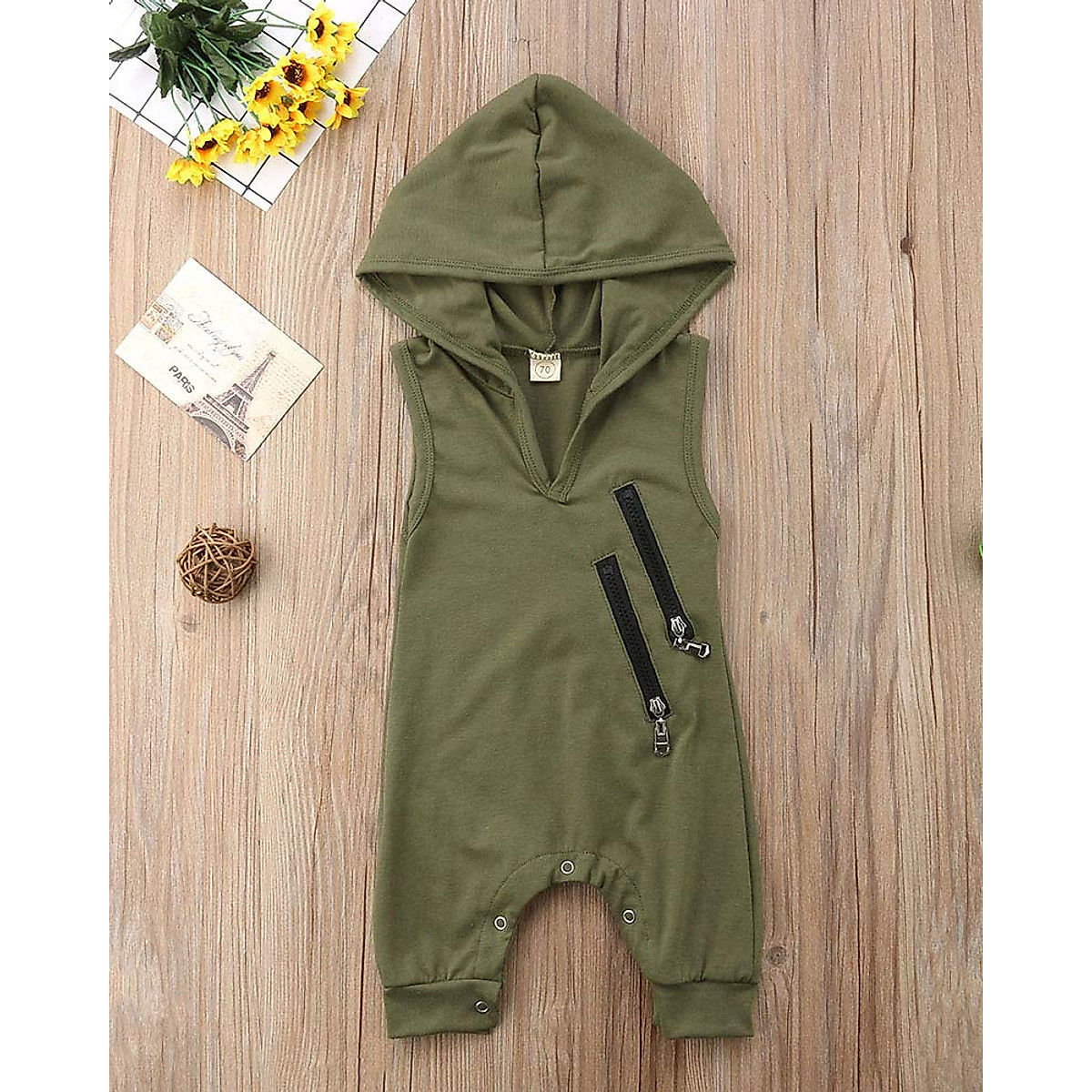 Sleeveless Newborn Baby Boys Girls Hooded Romper Green Jumpsuit Outfit Summer Zipper Casual Clothes (0-6 Months, Green)