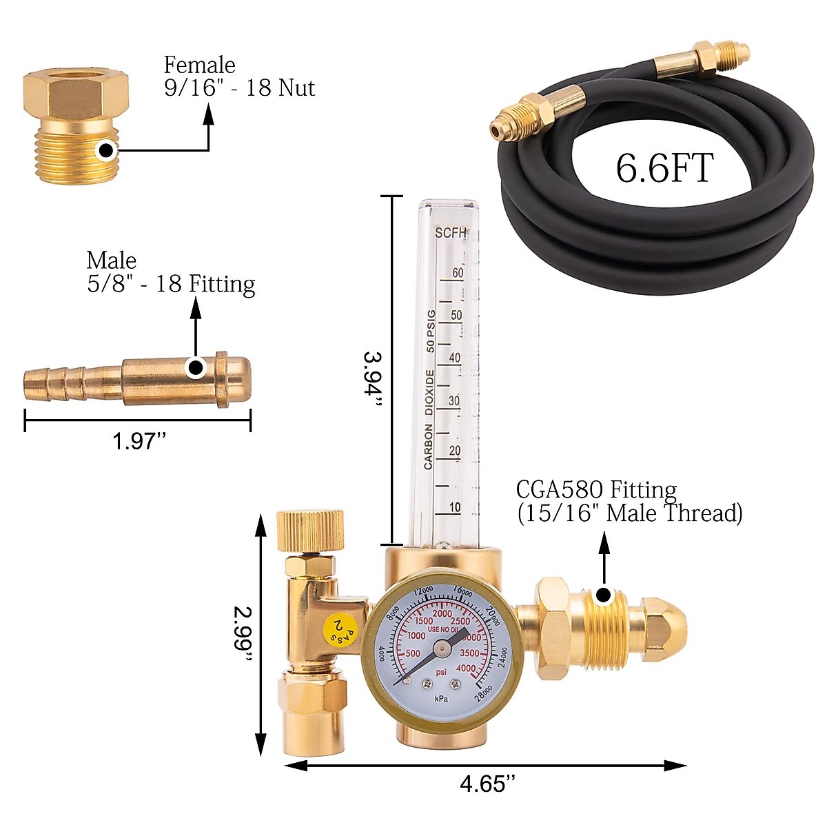 Argon/CO2 Flow Meter Gas Regulator Compatible with Mig Tig Welder Regulator with 6.6FT Gas Hose 10 to 60 CFH Output Flow 0 to 4000 PSI - CGA-580 Inlet argon flow gauge welding regulator