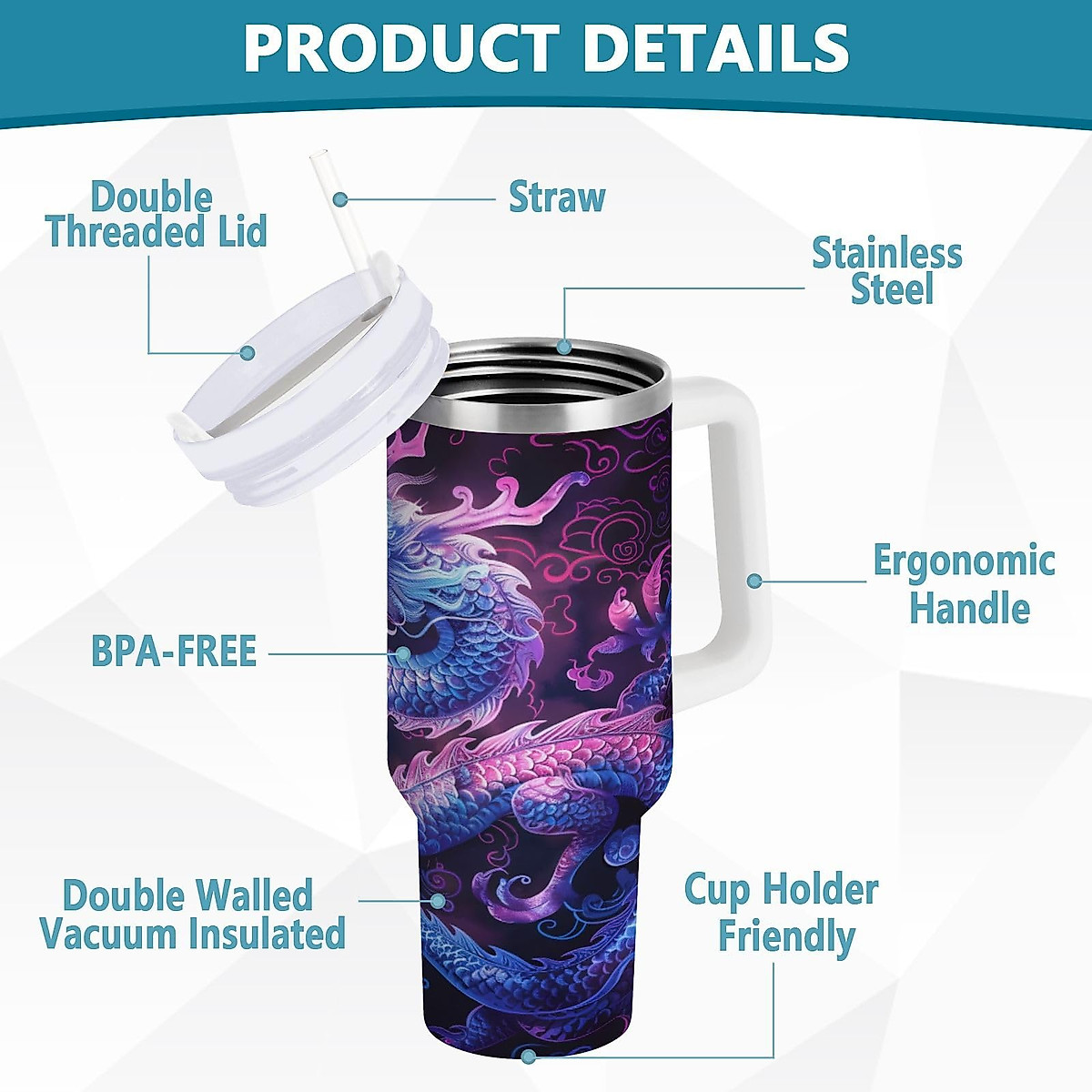 Nesatuwa 40 oz Blue Purple Dragon Tumbler with Handle and Straw Lid,Reusable Stainless Steel Vacuum Insulated Tumbler Leakproof Travel Coffee Mug for Iced and Hot Beverages