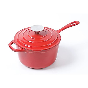 HAWOK Enameled Cast Iron Saucepan, 2QT Saucepan with Lid and Long Handle, Red