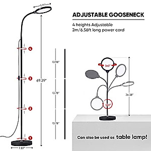 LED Floor Lamp, 12W Dimmable Standing Pole Reading Lamp 10 Brightness Levels&3 Color Temperature, Bright Gooseneck Adjustable Black Floor Lights, 800LM LED Task Lighting for Living Room Bedroom Office