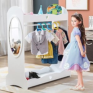 JOYLDIAS Kids Dress Up Storage with Mirror, Kid Armoire W/Side Hook Pockets, Pretend Storage Closet for Kids, Costume Dress-up Wardrobe W/Top Shelf Shoes Storage for Bedroom Girls Room, White
