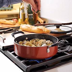 Tramontina Aluminum Non Stick 11-Piece Nesting Pots and Pans Set with Lids - Red, Kitchen Nonstick Cookware Set, Dishwasher and Oven Safe