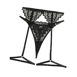 Lilosy Petite Sexy Choker Floral Lace Scallop Sheer Underwire Push Up Garter Belt Lingerie Set for Women See Through Bra and Panty 3 Piece Black X-Small