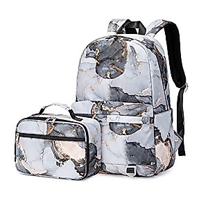 WUUDWALK Girls School Bag Kids' Backpacks Fashion Backpack Teens Bookbag Set,Tie Dye Printed Marble Pattern Backpack with Lunch Bag (Printed marbling of Black)