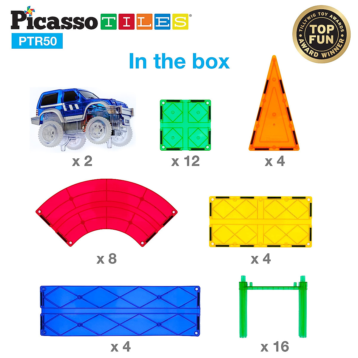PicassoTiles 50 Piece Race Car Track + Ideabook with Over 150+ Ideas, Magnet DIY Playset 2 Light Up Car STEM Learning Kit Hand-Eye Coordination Fine Motor Skill Training, Unique Innovative Creations