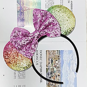 Makone Mouse Ears Headbands, Rainbow Sparkle Mouse Ears, Sequin Minnie Ears, Purple Bows Hairs Accessories, Party Princess Cosplay for Baby Girls & Women