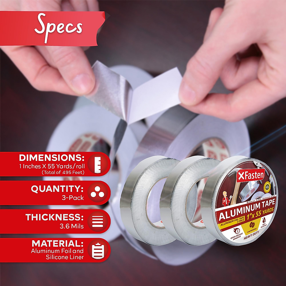 XFasten Aluminum Foil Tape for Ductwork 1 Inch x 55 Yards 3-Pack (495 Feet) 3.6mil Aluminum Tape for Ductwork Heavy Duty Dryer Vent Tape Foil and Seal HVAC Tape for Ducts, High Temp HVAC Duct Tape