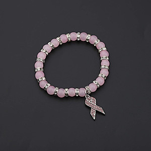 CENWA Breast Cancer Awareness Bracelet Pink Rhinestone Ribbon Charm Beads Bracelet Breast Cancer Support Gift (Breast Cancer Awareness Br)