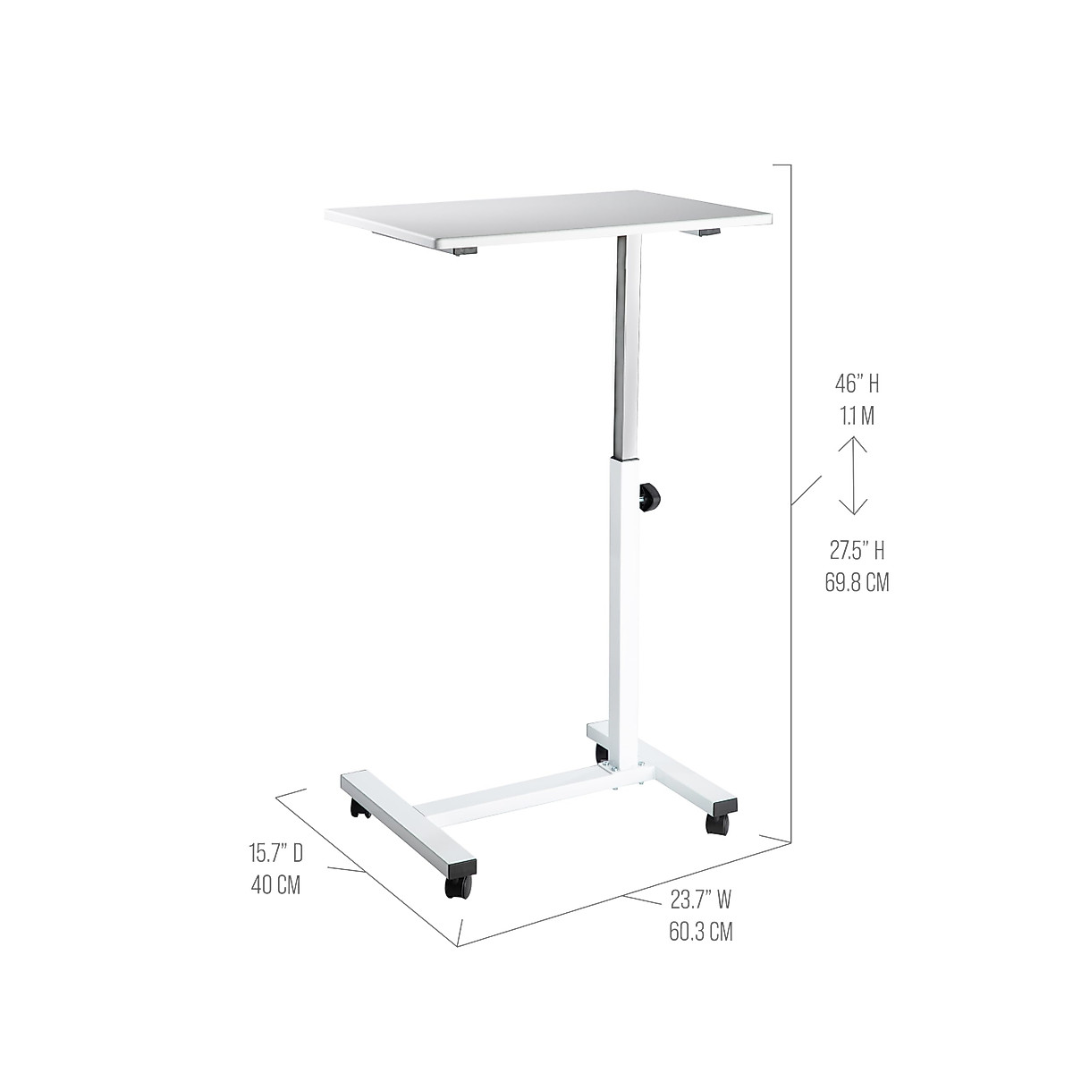 Seville Classics Solid-Top Height Adjustable Mobile Laptop Computer Desk Cart Ergonomic Home Office Stand Rolling Table, Overbed (23.6"), White