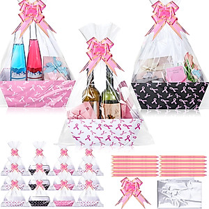 Yeaqee 36 Pcs 12 Pack 8 x 10 Inch Breast Cancer Awareness Baskets for Gifts Empty Pink Ribbon Baskets with Bows Ribbons Bulk Breast Cancer Survivor Cancer Care Gifts for Women