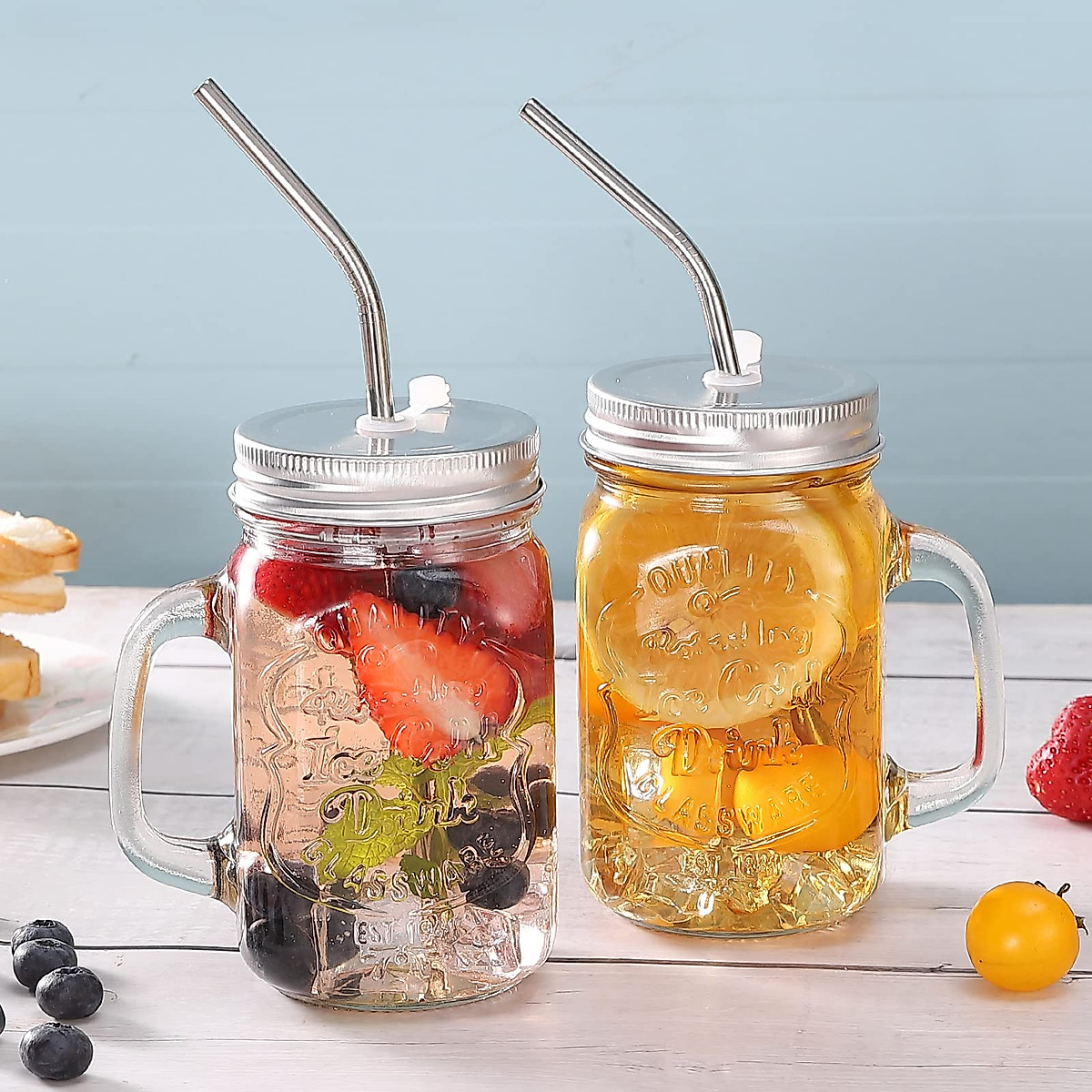 YSJILIDE Smoothie Cup with Lid and Straw, Iced Coffee Cup Reusable, Mason Jar Cups, Mason Jar Drinking Glasses for Juice Coffee Milkshake, Mason Jars with Handle Set of 2 (WHTIE)