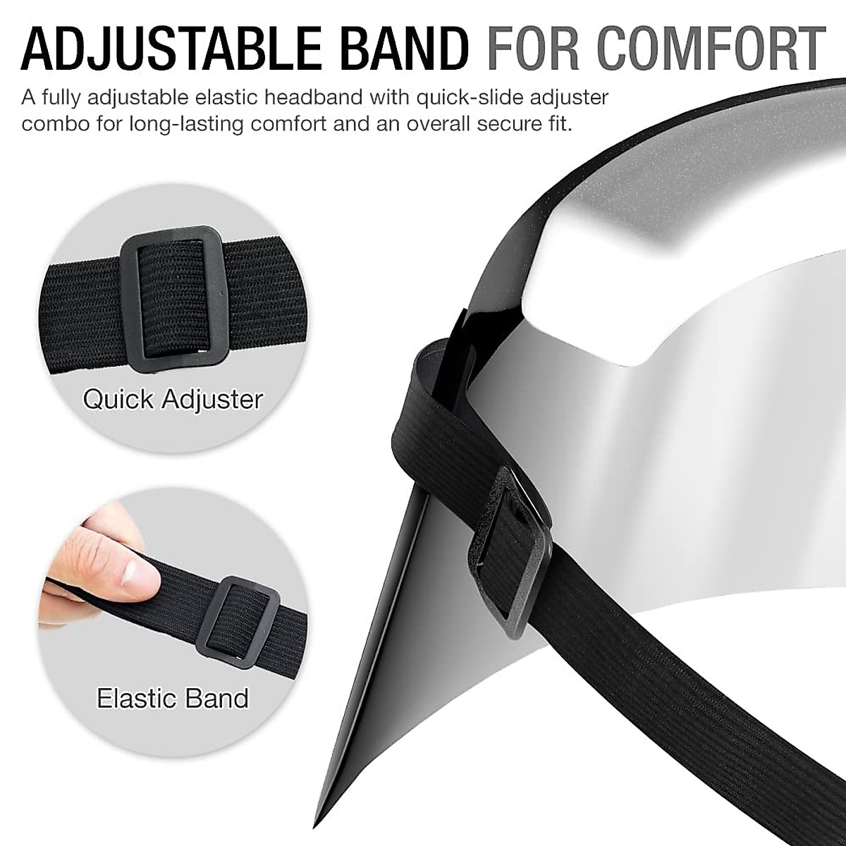 Purity Protective Safety Face Shields for Adult Size (Pack of 6) Full PET Transparent Material with Built-in Slide Adjuster Elastic Strap Band