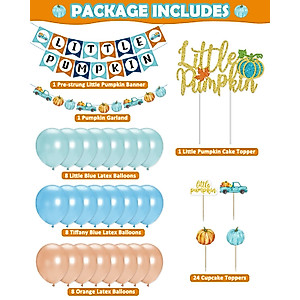 Mosailles Little Pumpkin Decorations Baby Shower Blue Pumpkin Banner Garland Gold Glittery Pumpkin Cake Toppers Latex Balloons for Fall Birthday Thanksgiving Party Decorations Supplies