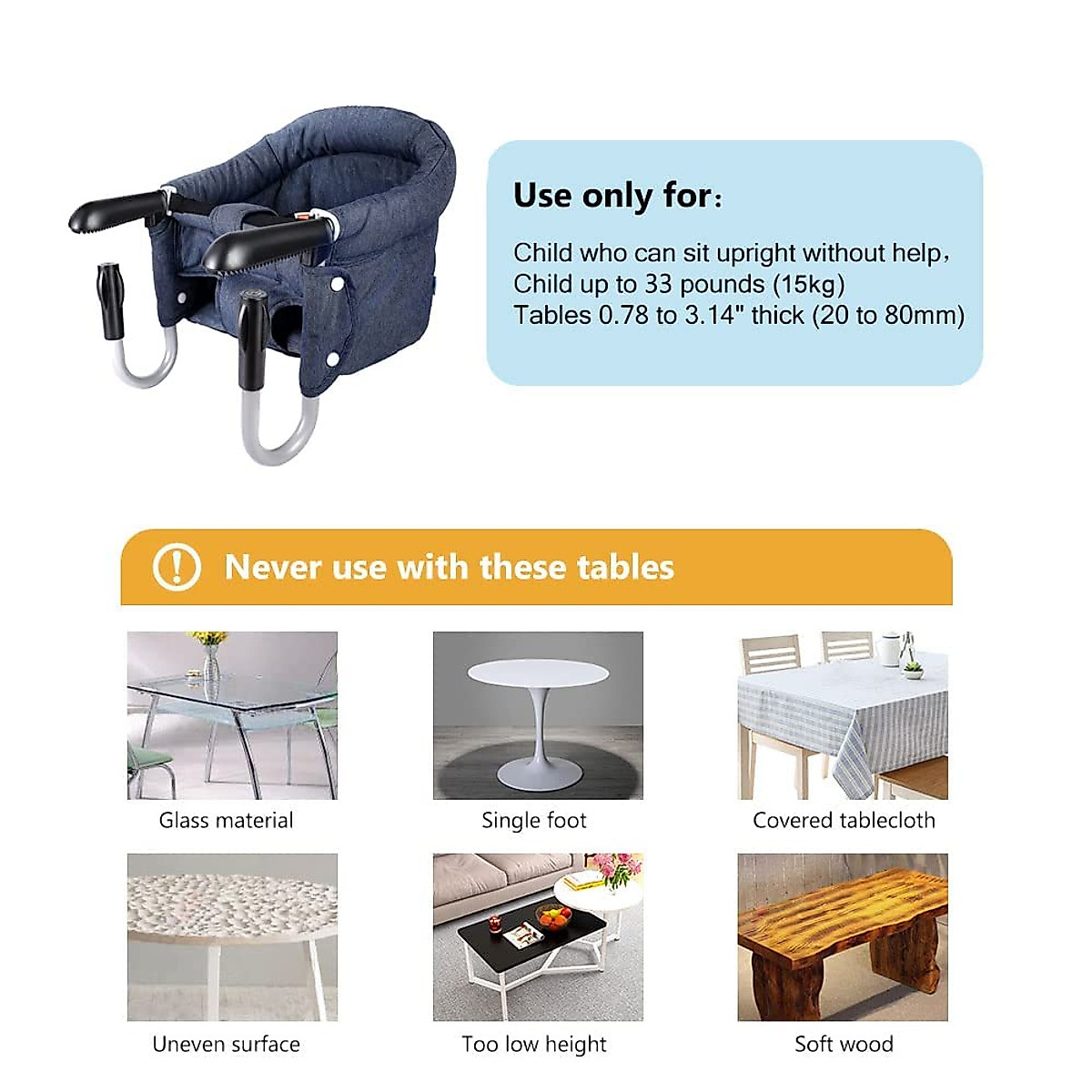 Updated Hook On High Chair, Hoomall Fast Table Chair, High Load Design Clip on High Chair, Fold-Flat Storage Portable Attachable Table Removable Seat Convenient for Home and Travel Navy