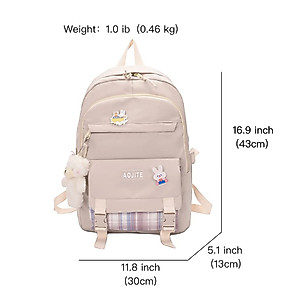 Kawaii School Backpack for Teen Girls Aesthetic Cute Adorable Back to School with Cute Pin and Bear Accessories(Off-White)