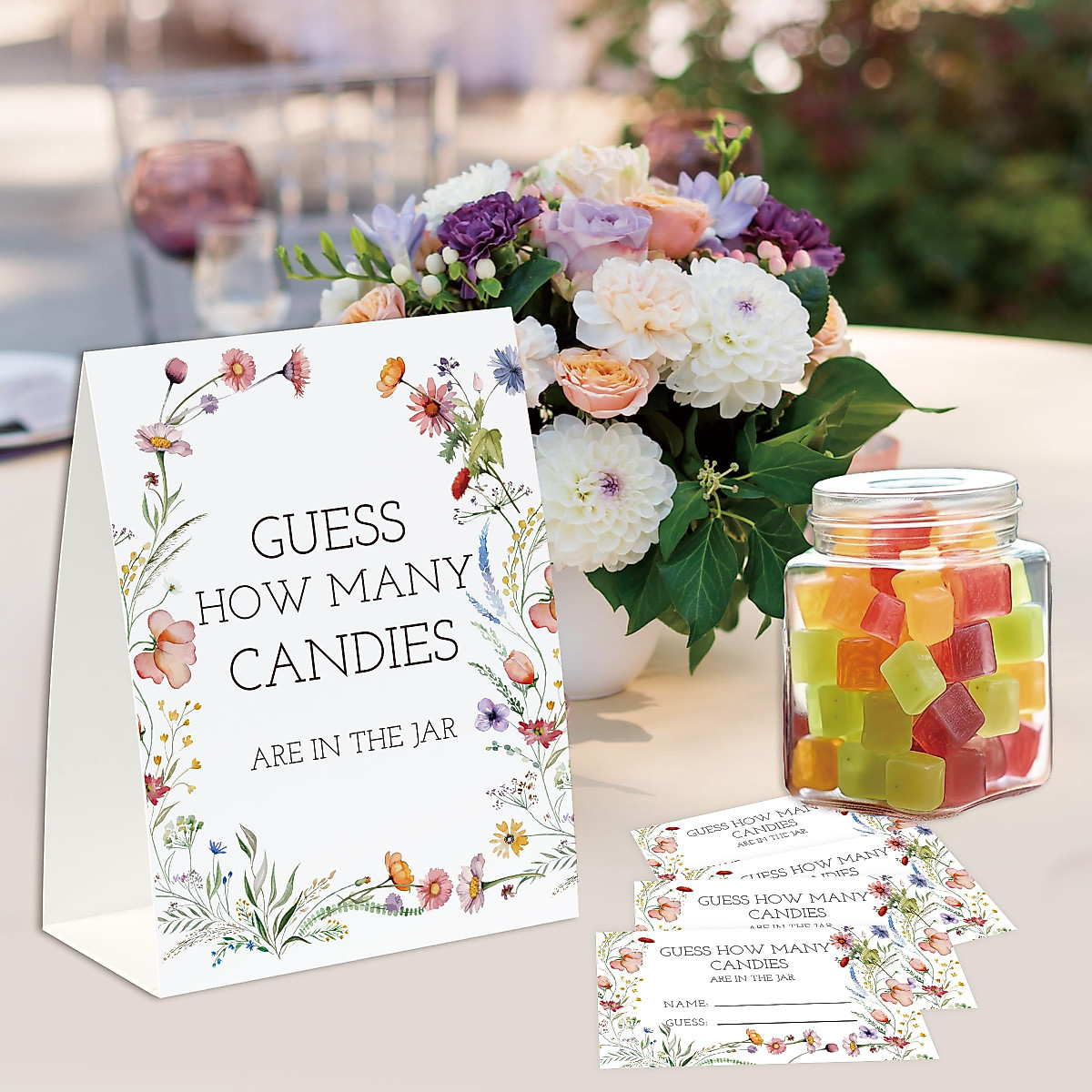 UHADRE Guess How Many Candies Game(One Sign with 50 Cards),Baby Shower Game, Bridal Shower Game, Floral Bridal Shower, How Many Cards, Candy Guessing Game Sign and Cards Set-GCD14