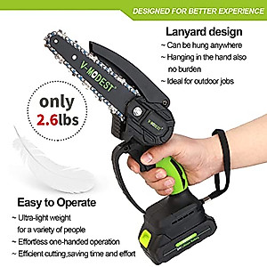 6 inch Mini Chainsaw Cordless, V-MODEST Upgraded Portable Handheld Electric Chain Saw Powered by 2 * 24V Rechargeable Battery, Small Chainsaw with Security Lock for Tree Branches Wood Cutting