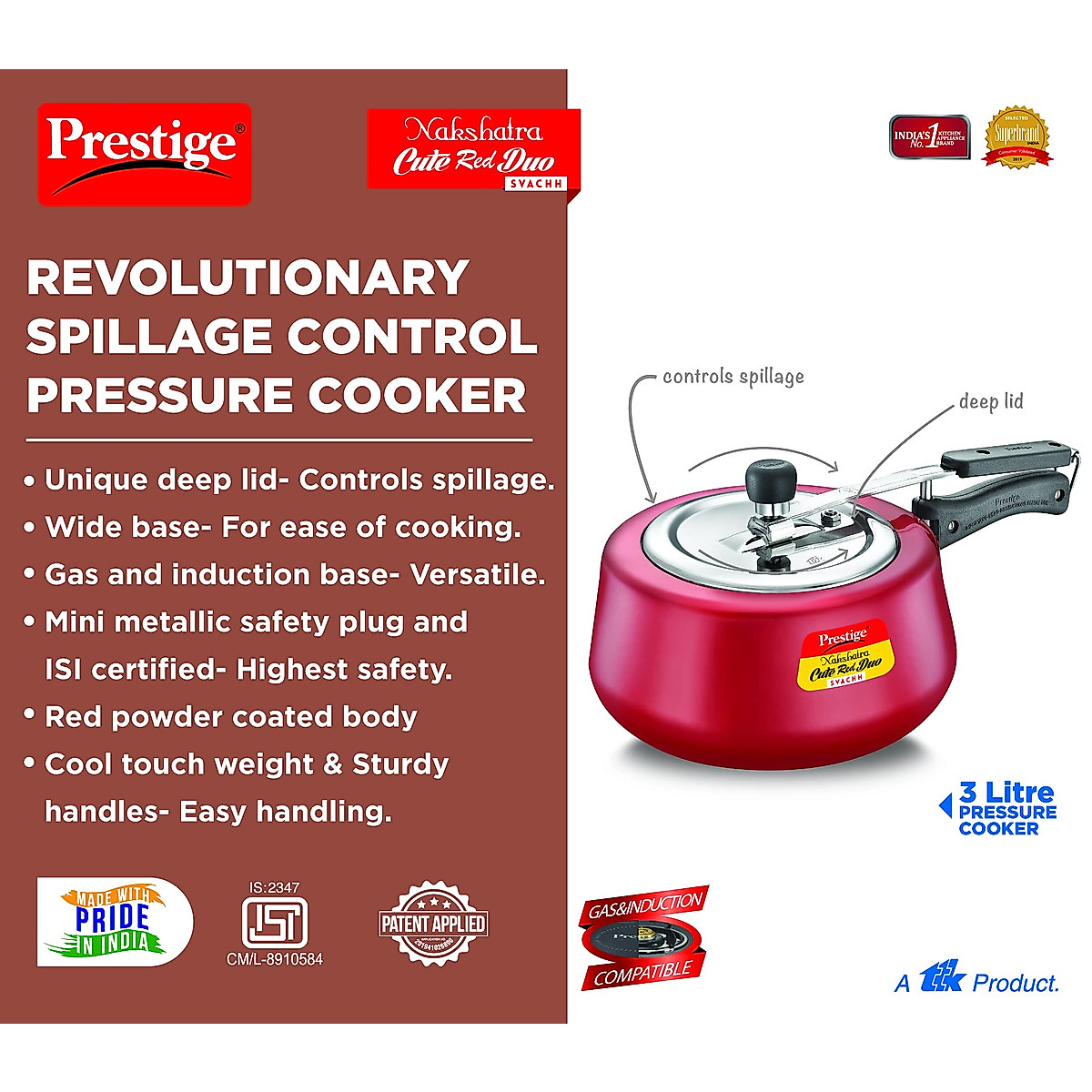 Prestige Nakshatra Cute Red Duo Svachh Aluminium Inner Lid Pressure Cooker 3.0 Litre (Powder Coated), Medium (10765)