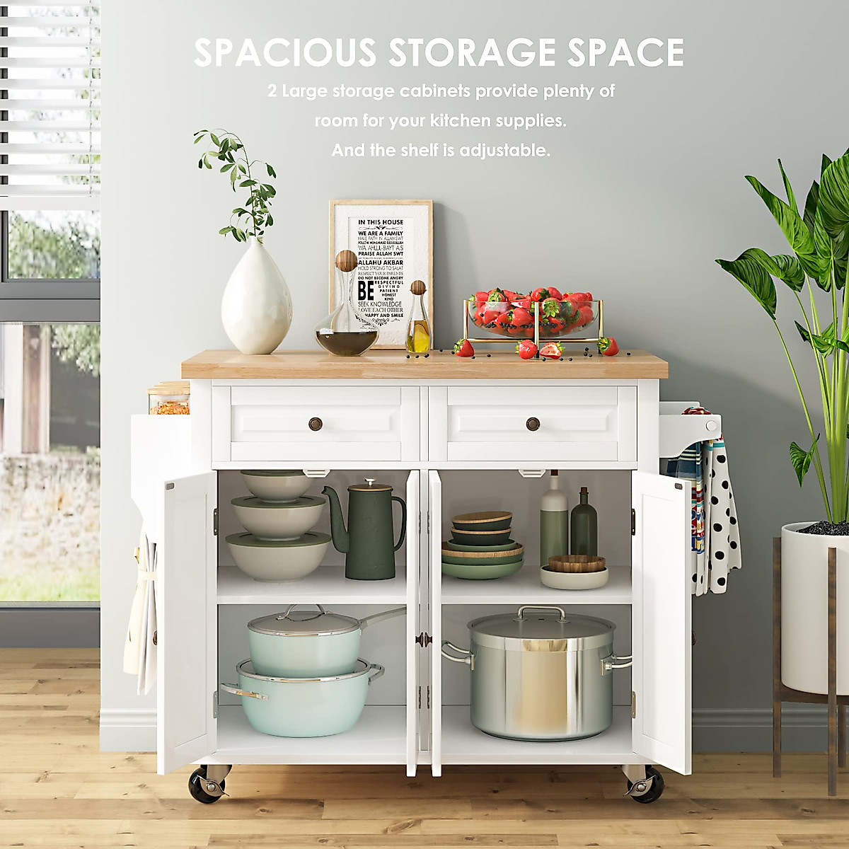 43“ Rolling Mobile Kitchen Island Cart on Wheels with Drawers, Storage Cabinet, Rubberwood Countertop and Spice/ Towel Rack, Adjustable Shelves, White