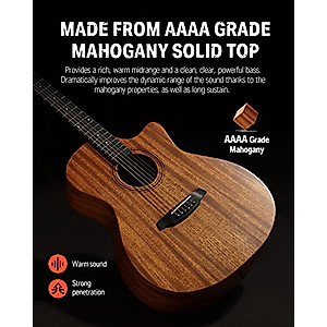 Donner Acoustic Guitar Beginner Full Size 41 Inch Soild Mahogany Top Cutaway Grand Auditorium Adult Starter Bundle Kit with Gig Bag Strap Tuner Capo Pickguard String 4 Picks Cloth Right Hand BLACK
